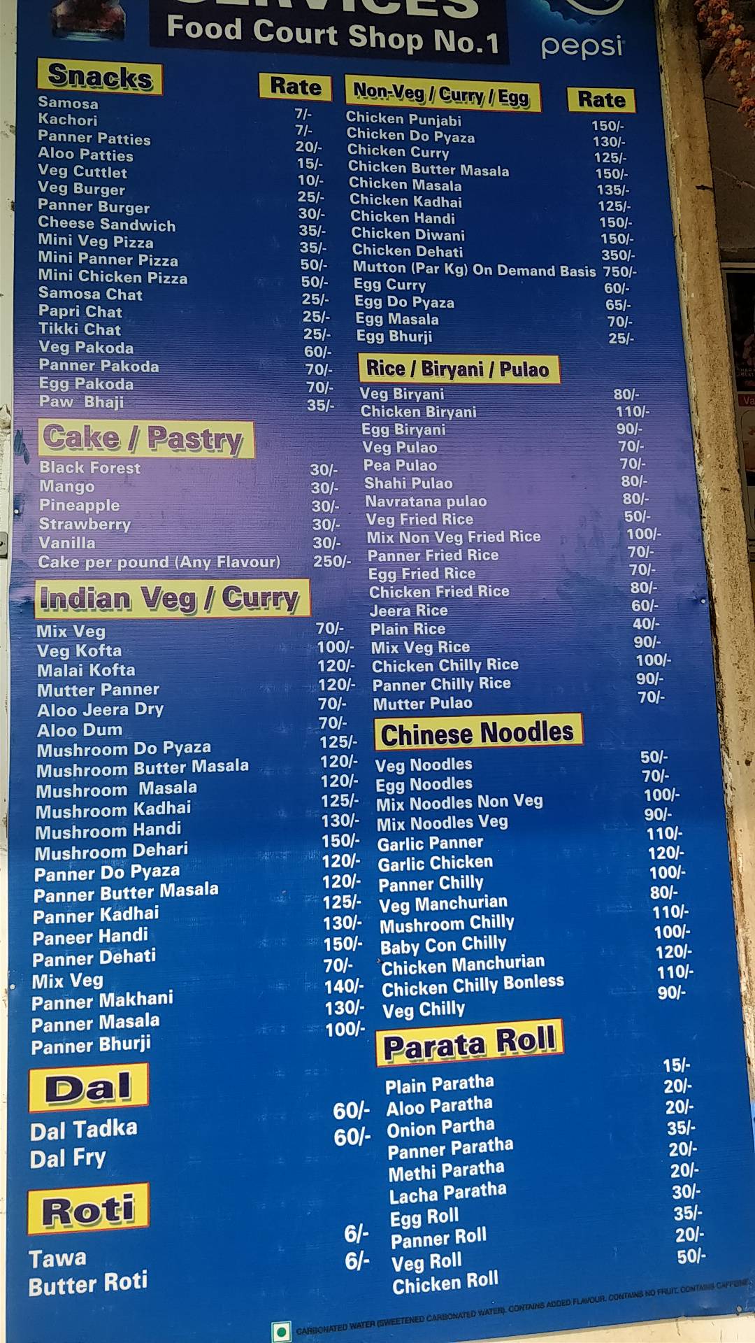 Menu at Food Court [IIT -Patna], Bihta