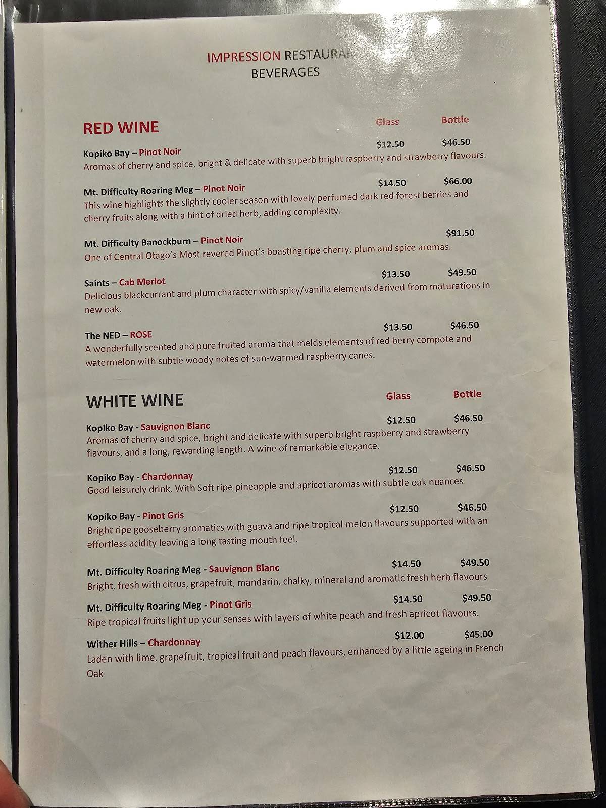 Menu at IMPRESSION Restaurant, Dunedin