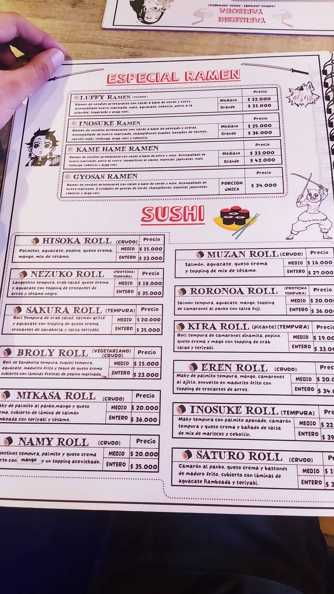 Carta del restaurante INOSUKE RAMEN, Duitama