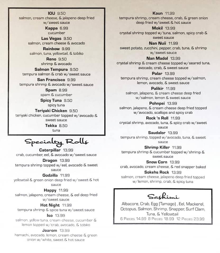 Menu at IOU Sushi restaurant, Boise, N Milwaukee St