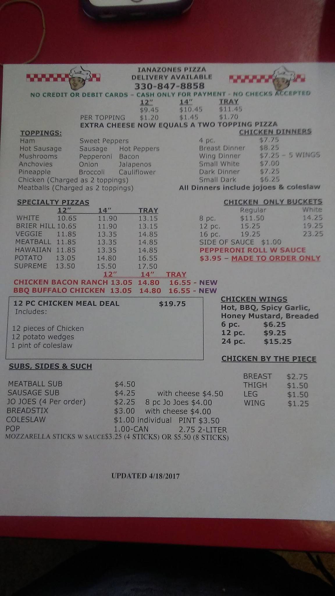 Menu at Ianazone's Pizza of Champion restaurant, Warren, Mahoning Ave