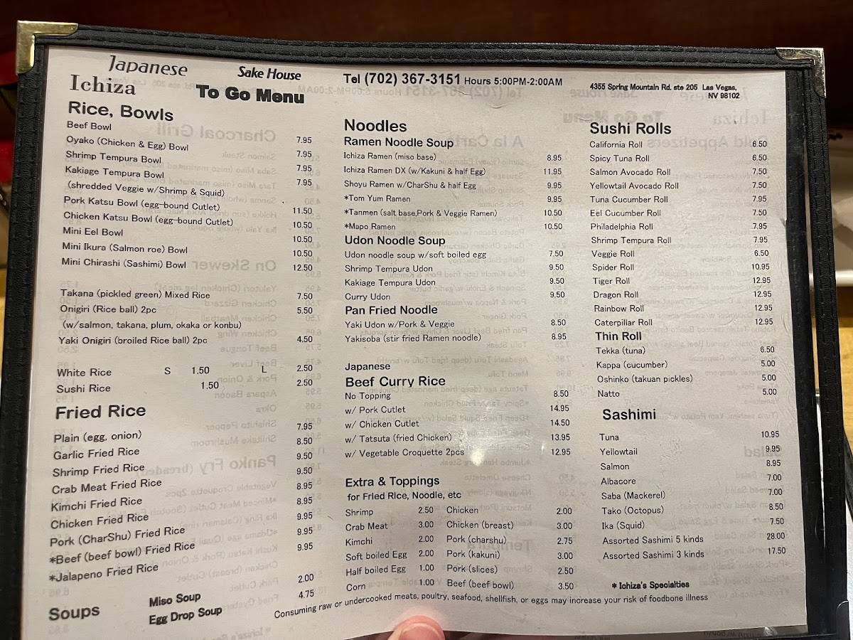Menu at Ichiza Original restaurant, Las Vegas