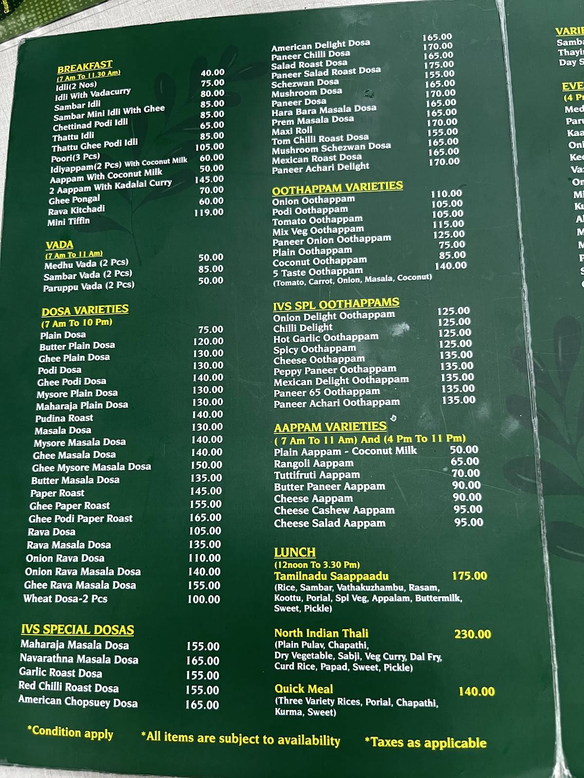 Menu at Idli Vada Sambar (VSI Estate), Chennai
