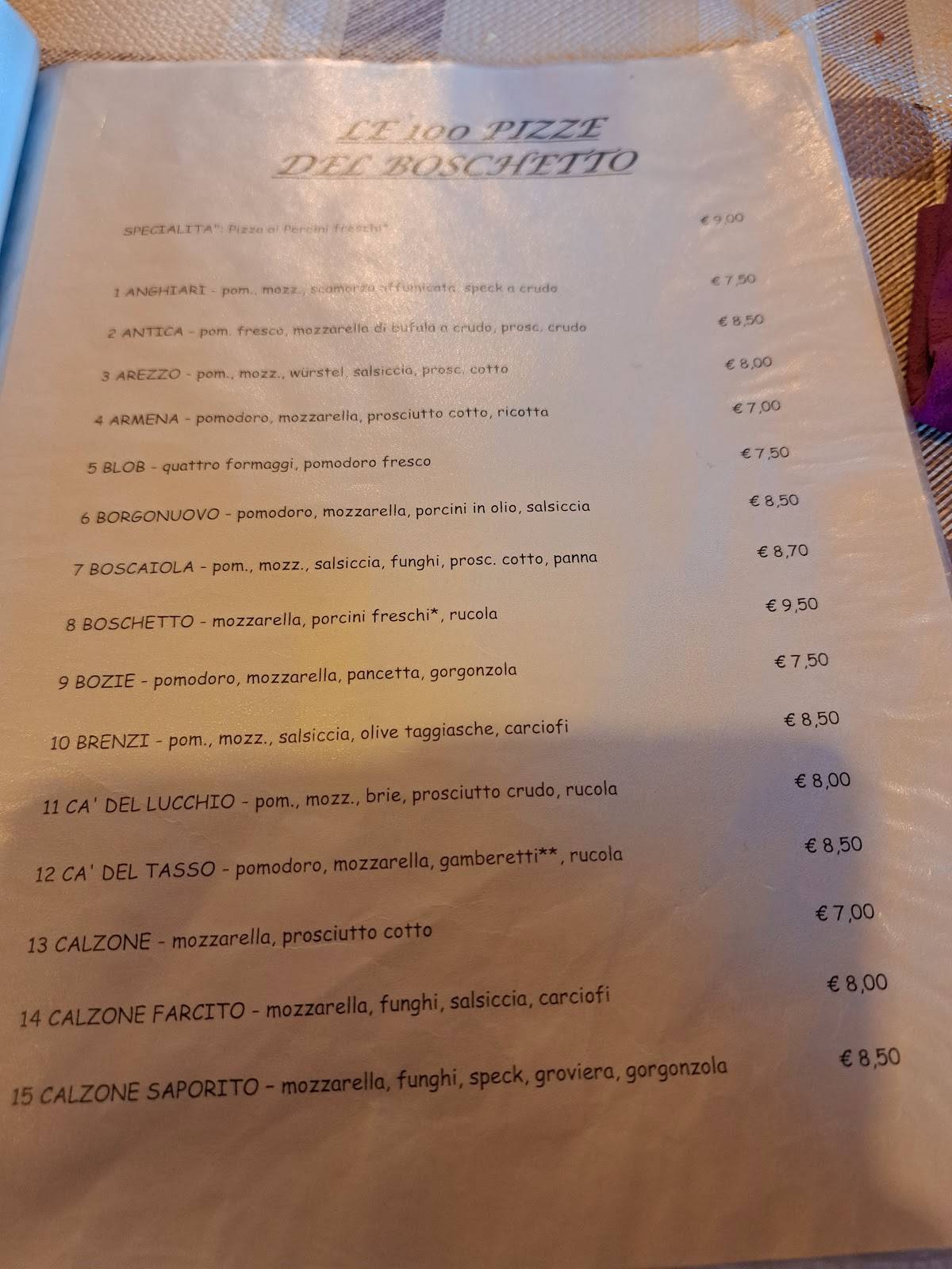 Menu da "Il Boschetto" bar pizzeria, Caprese Michelangelo