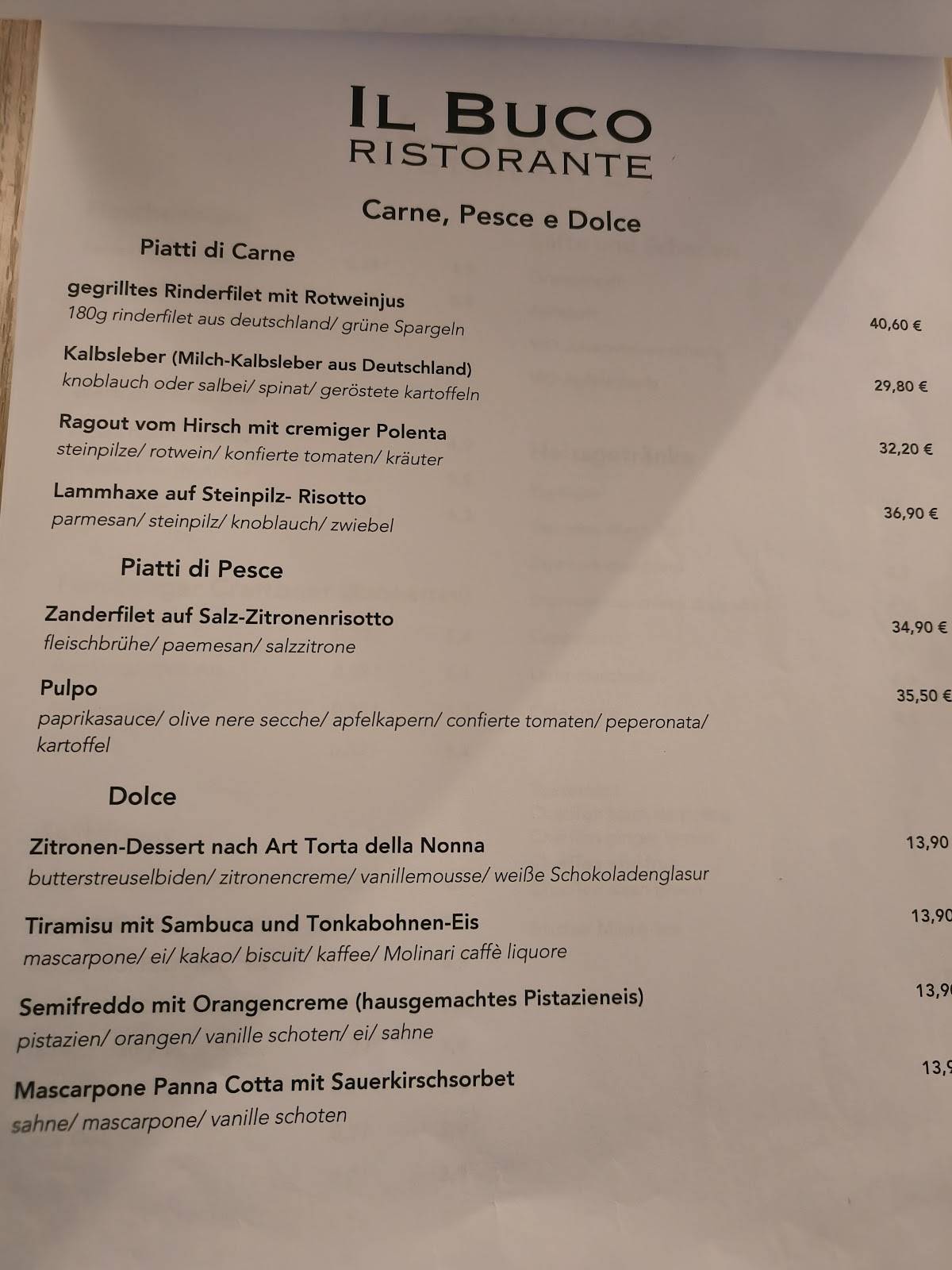 Speisekarte von Il Buco Ristorante restaurant, Hamburg