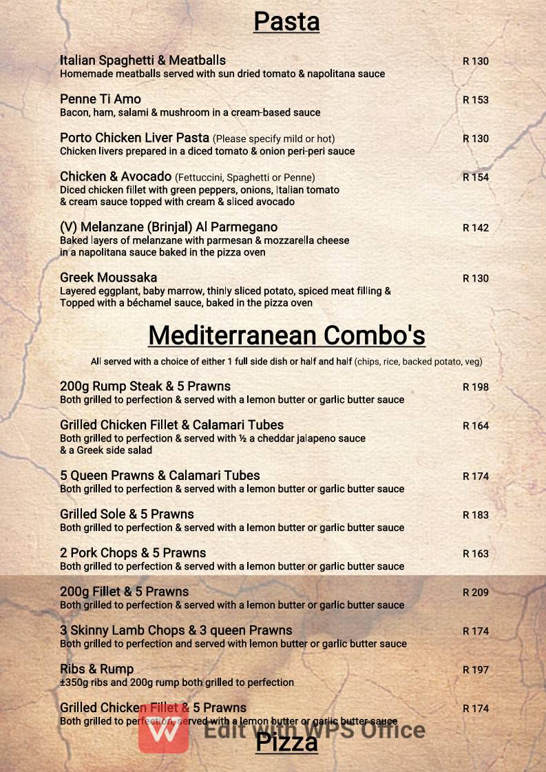 Menu at Il Forno Mediteranean Family Restaurant, New Redruth