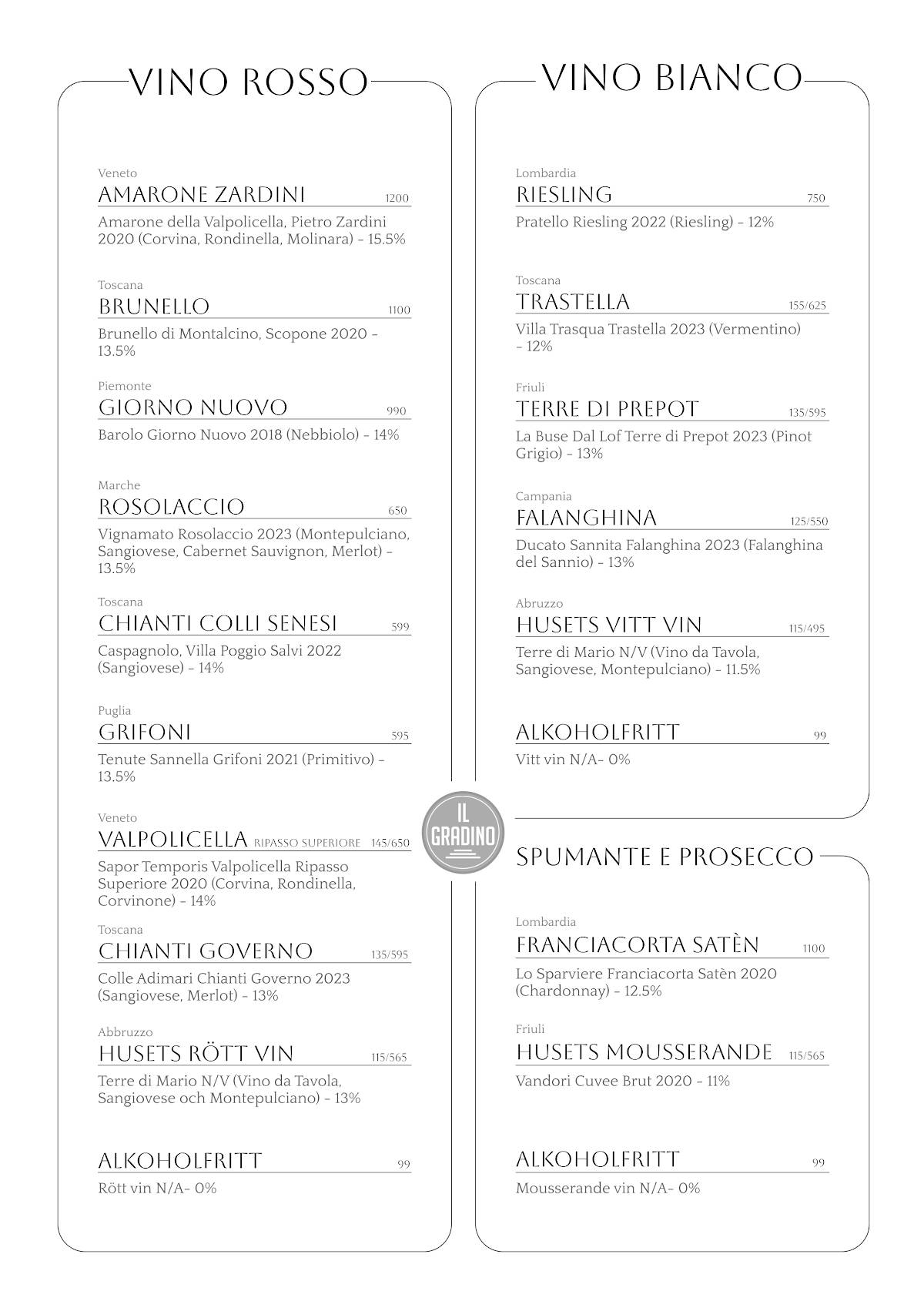 Menu at Il Gradino restaurant, Uppsala