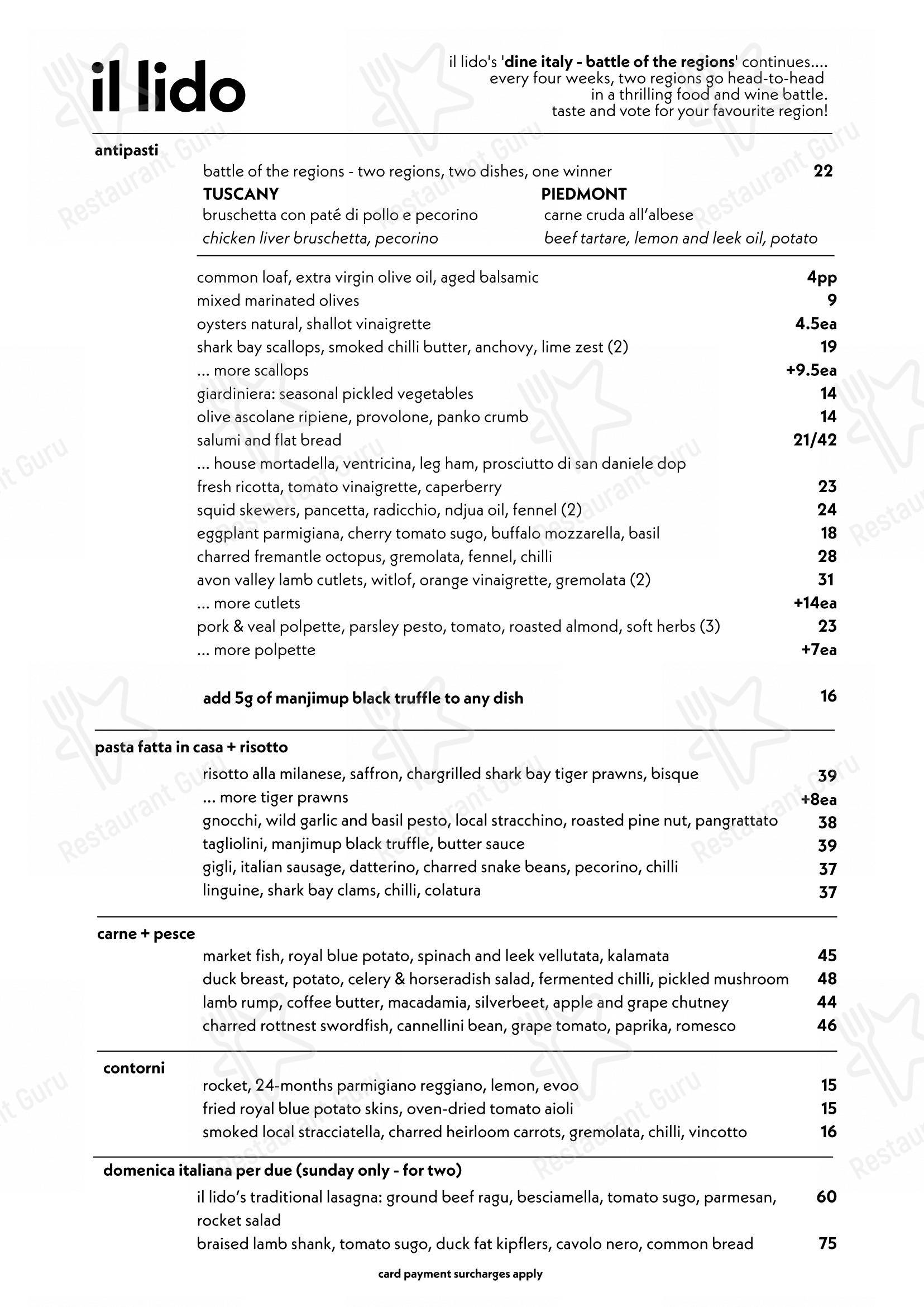 Menu at Il Lido Italian Canteen restaurant, Cottesloe