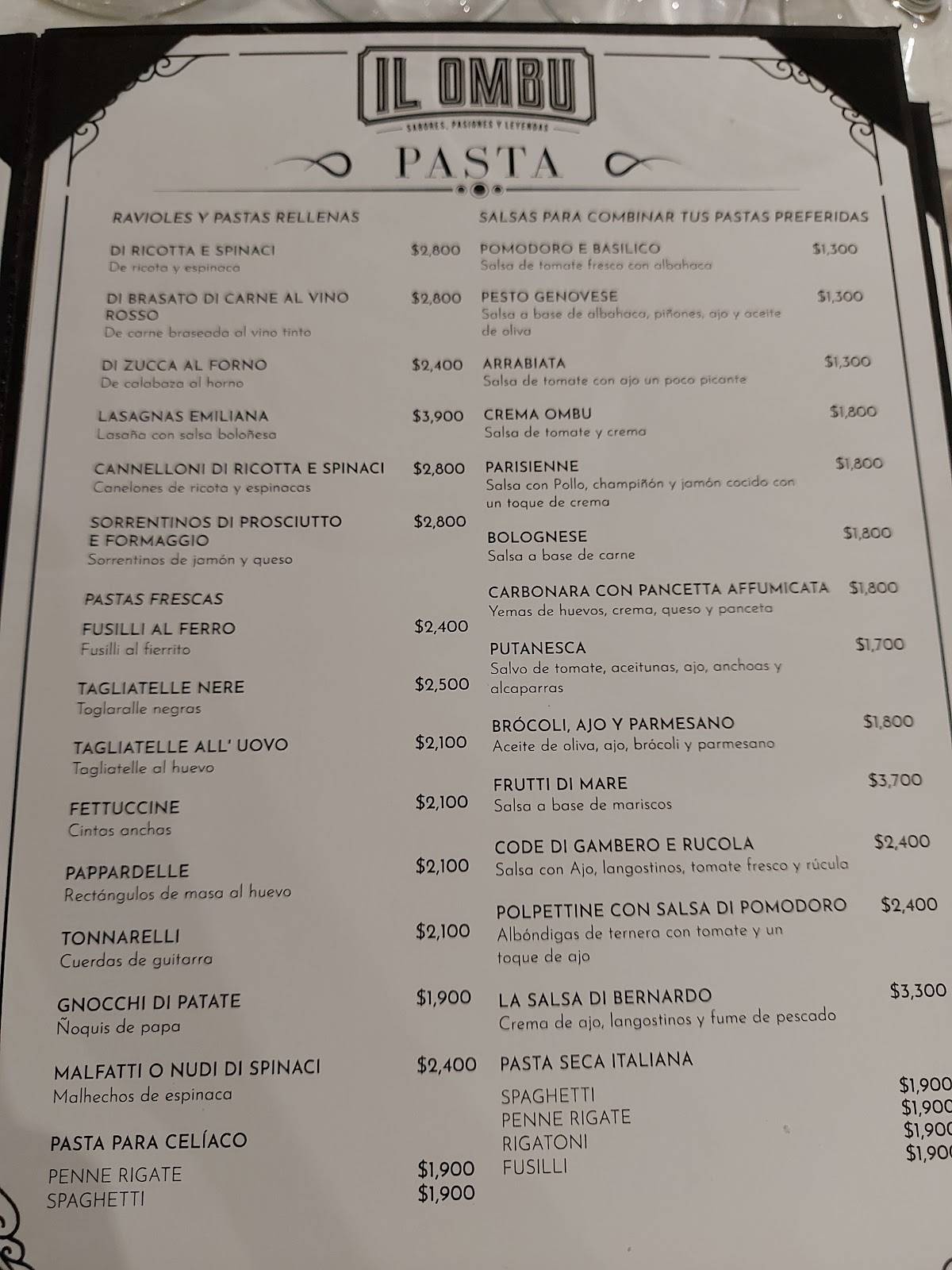 Carta del restaurante Il Ombu Trattoria Italiana, Buenos Aires