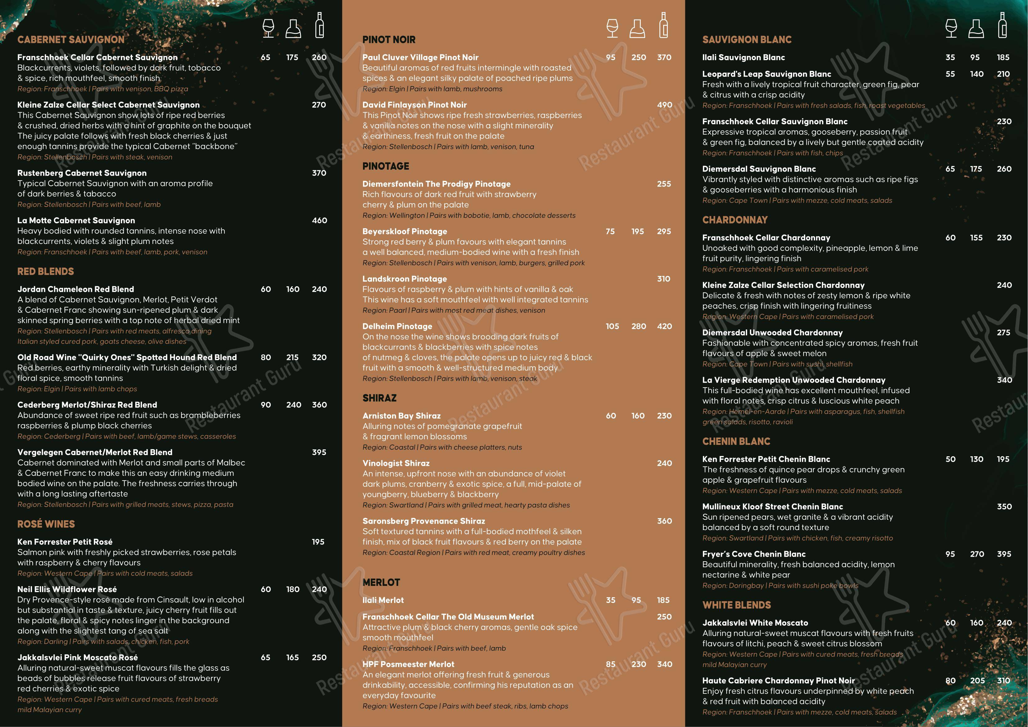 Menu at Ilali Restaurant, Wilderness