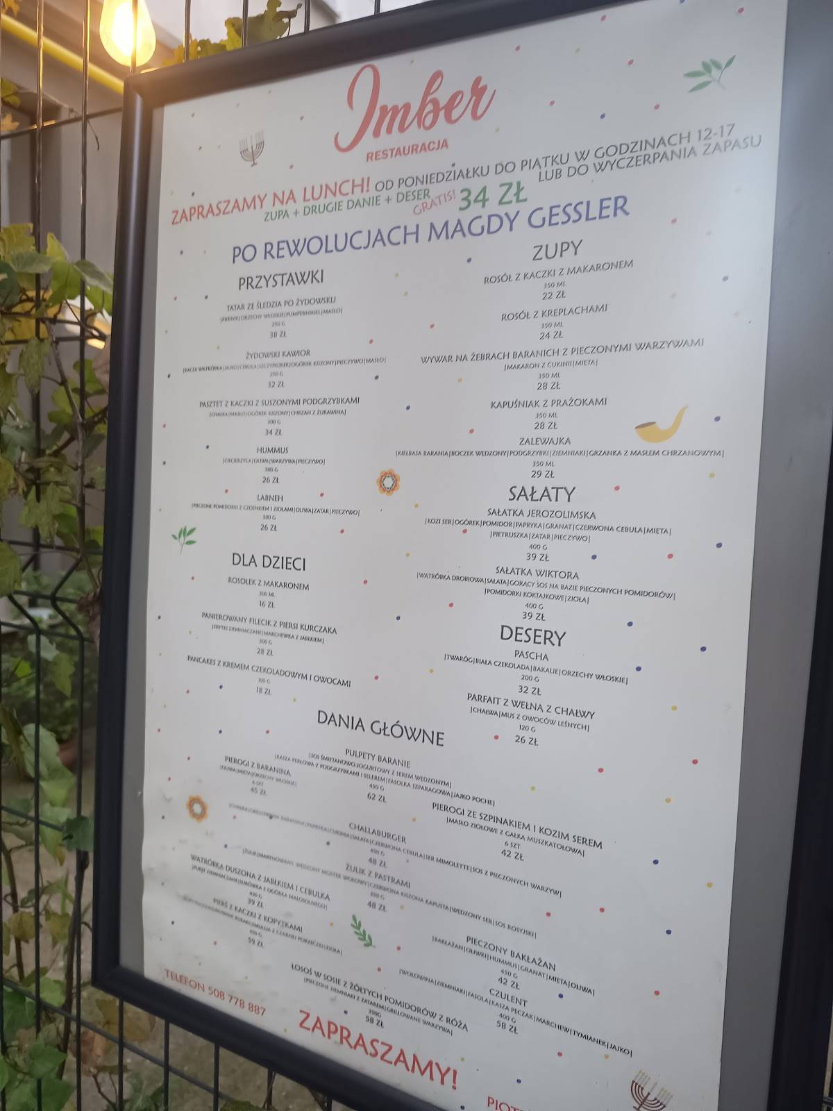 Menu at Imber restaurant, Łódź
