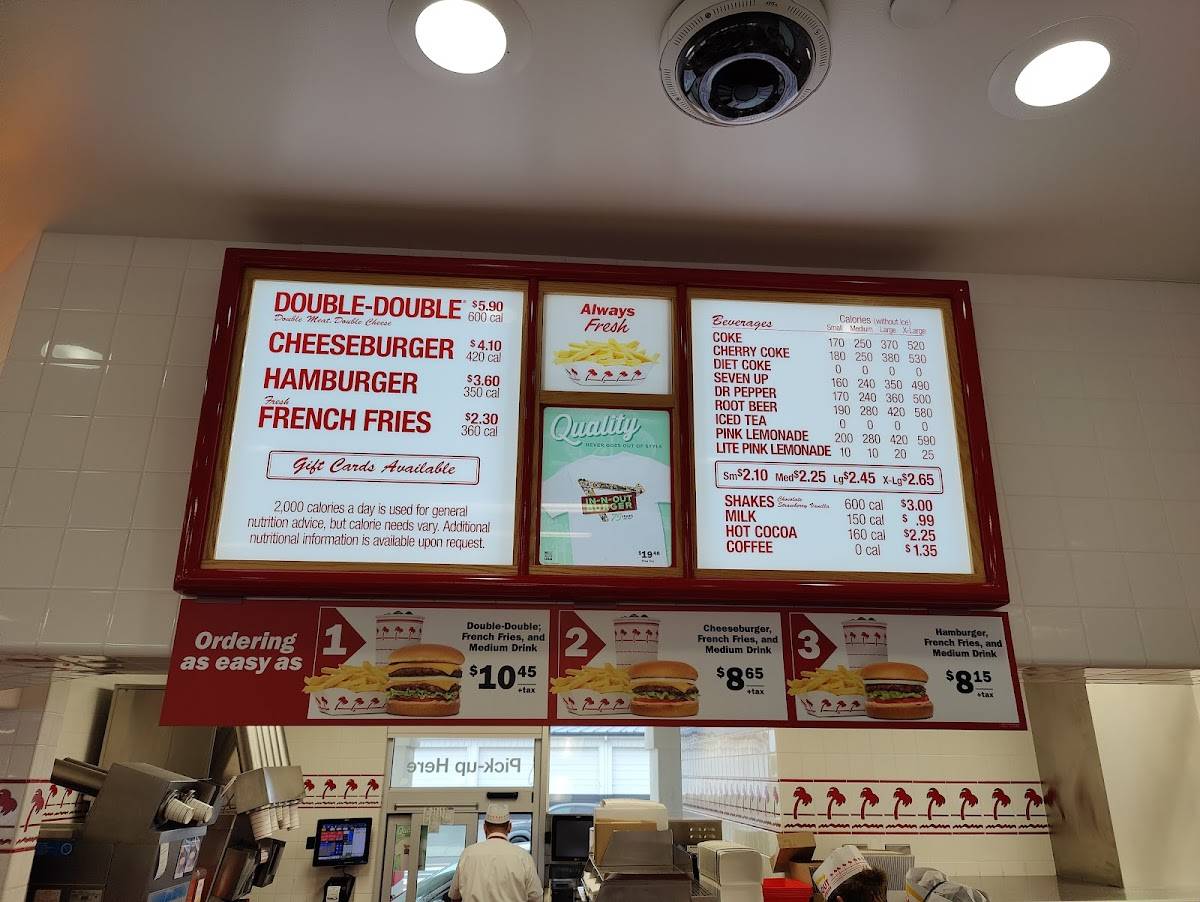 Menu at In-N-Out Burger fast food, Eureka, Broadway St