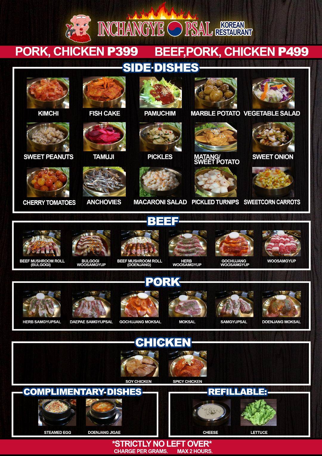 Carta de Inchangyeopsal Korean Restaurant 엽살 한식당, Manila