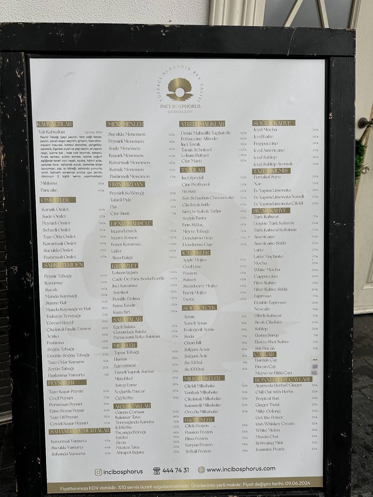 Menu at İnci Bosphorus, Istanbul, İskele Gazinosu