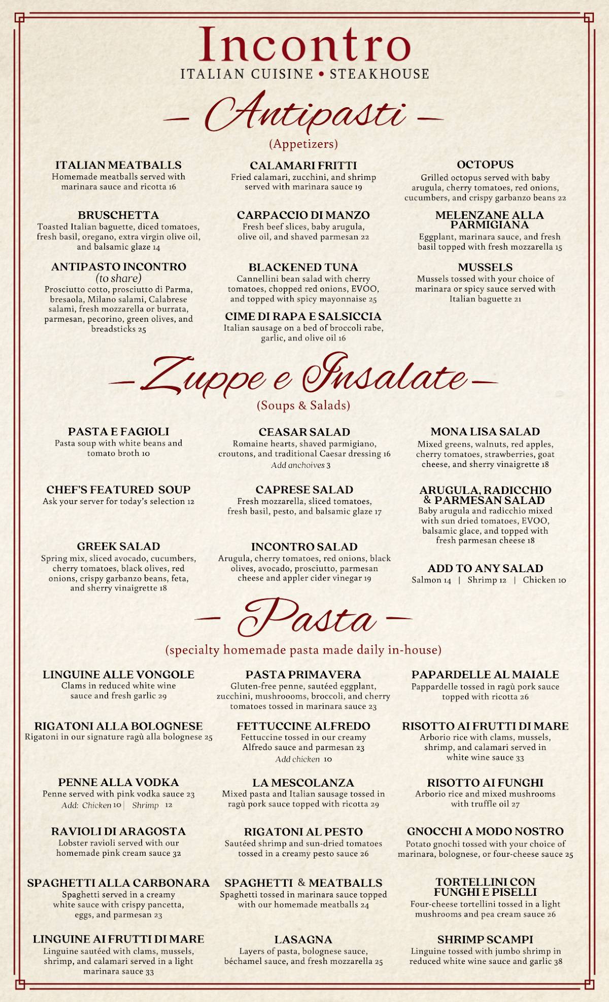 Menu at Incontro Italian Cuisine Steakhouse, Coral Springs