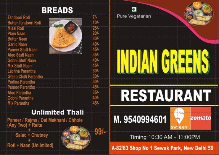 Menu at Indian Greens Restaurant, New Delhi