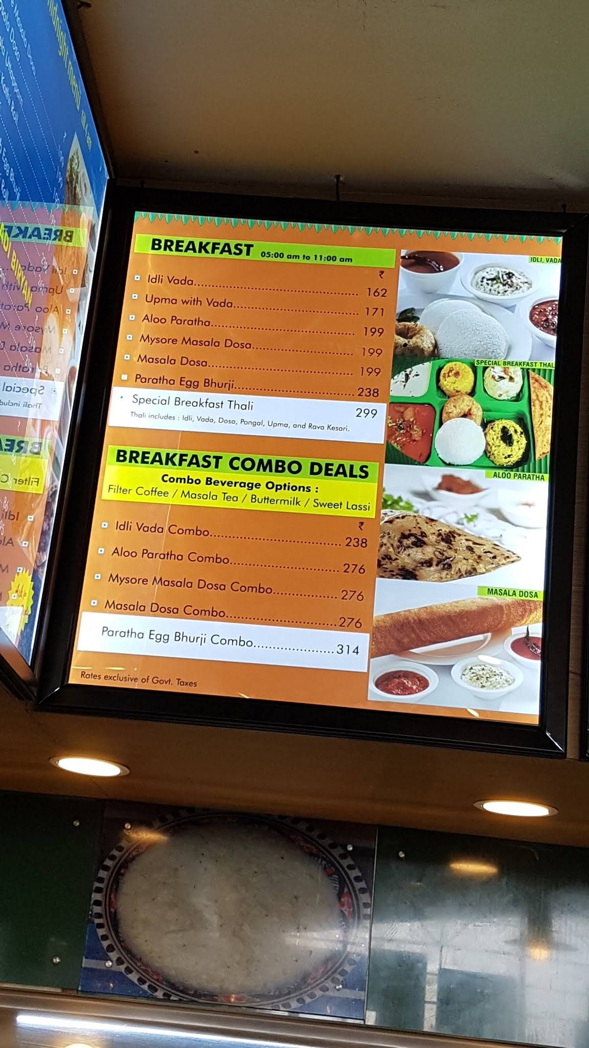 Menu at Indian Paradise, Hyderabad, Rajiv Gandhi International Airport