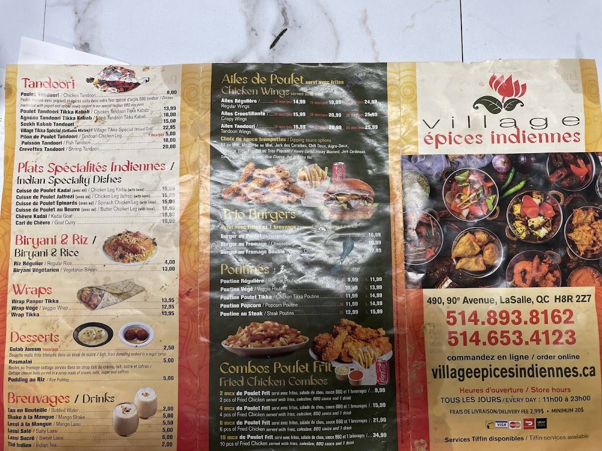 Menu au Indian spice Village restaurant, Montréal