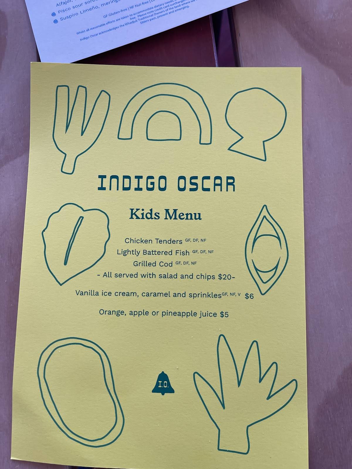 Menu at Indigo Oscar restaurant, Cottesloe