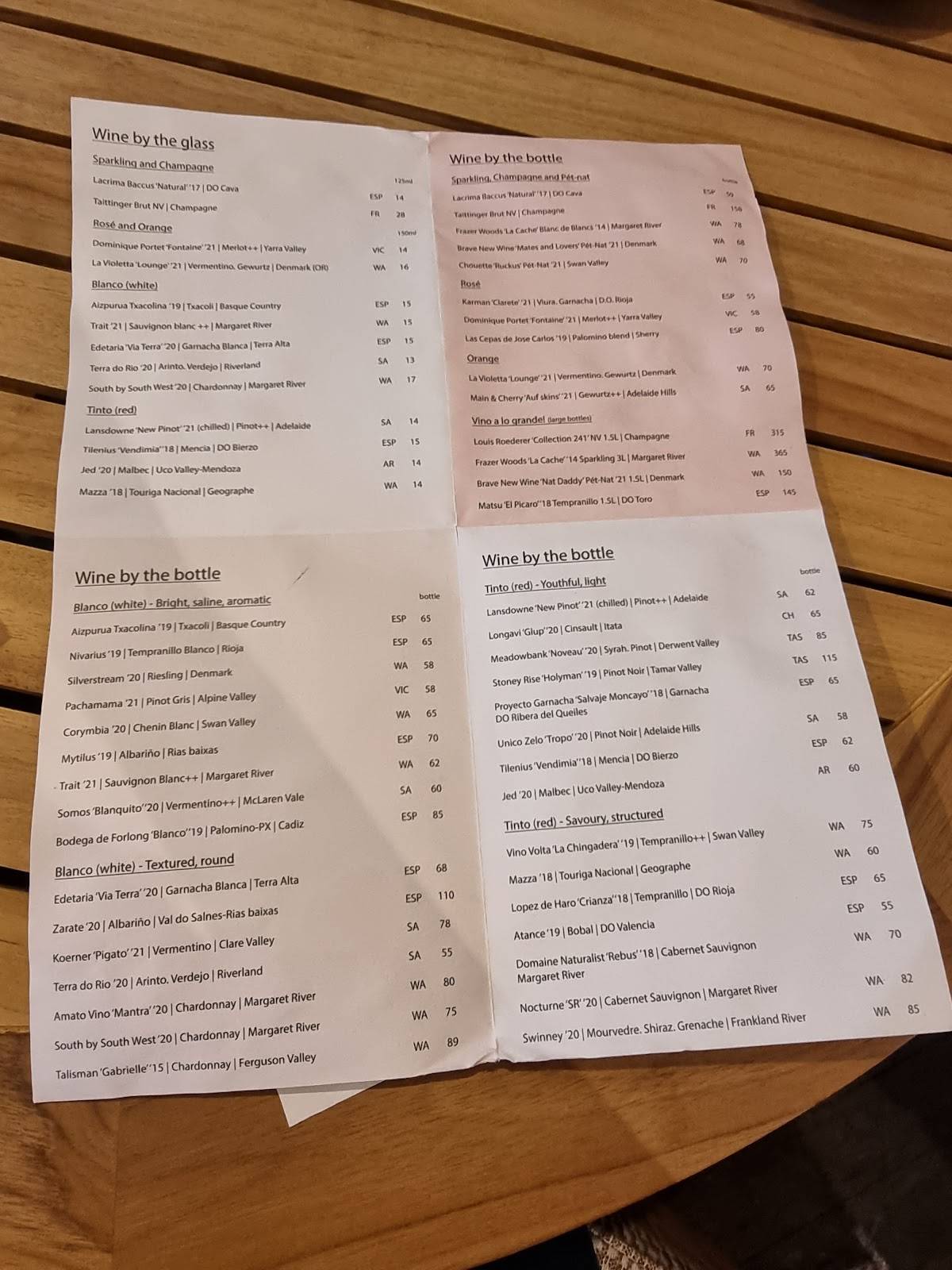 Menu at Indigo Oscar restaurant, Cottesloe