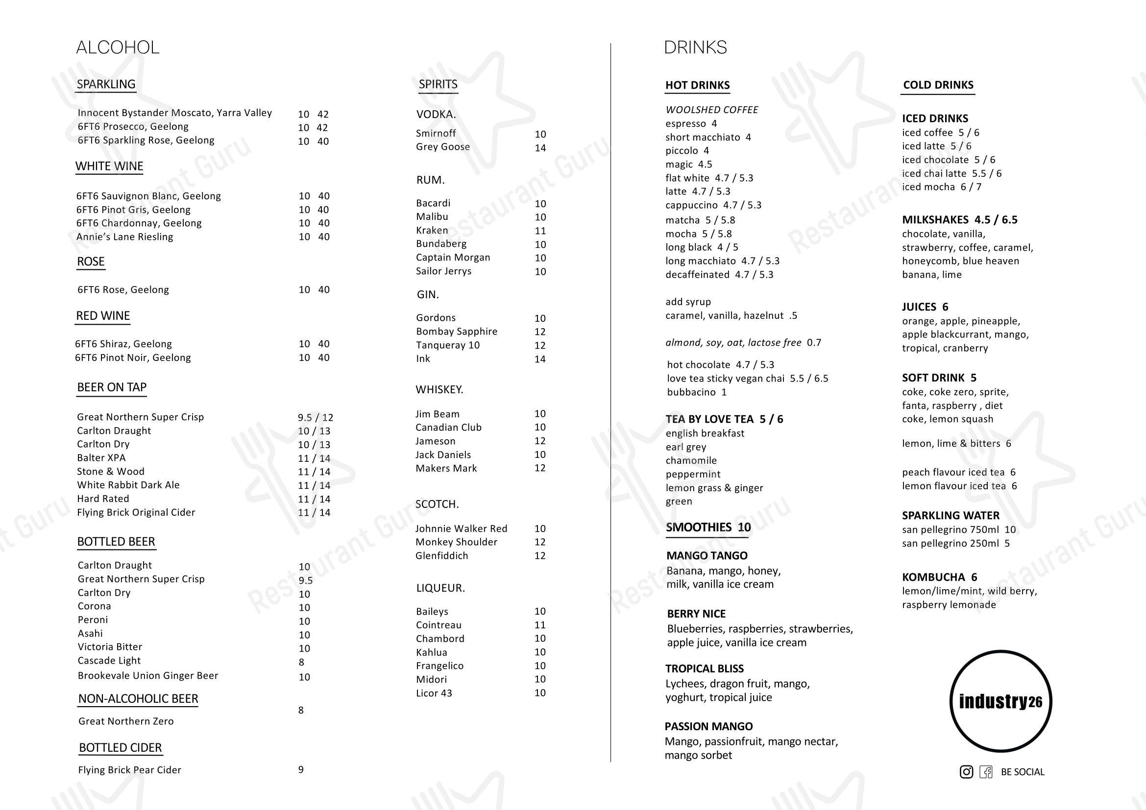 Menu at Industry26 Cafe, Geelong West
