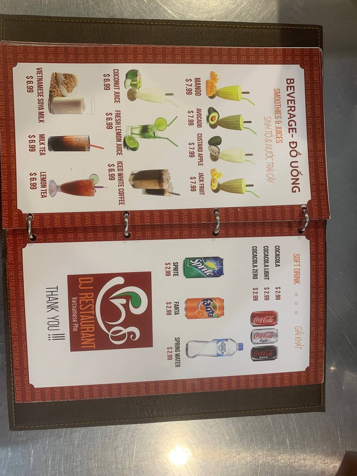 Menu at DJ Vietnamese Pho restaurant, Ingleburn