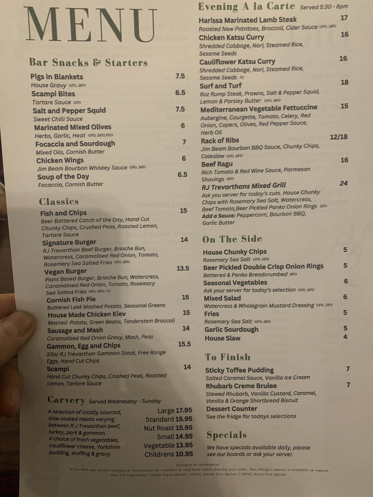 Menu at Inn For All Seasons restaurant, Redruth
