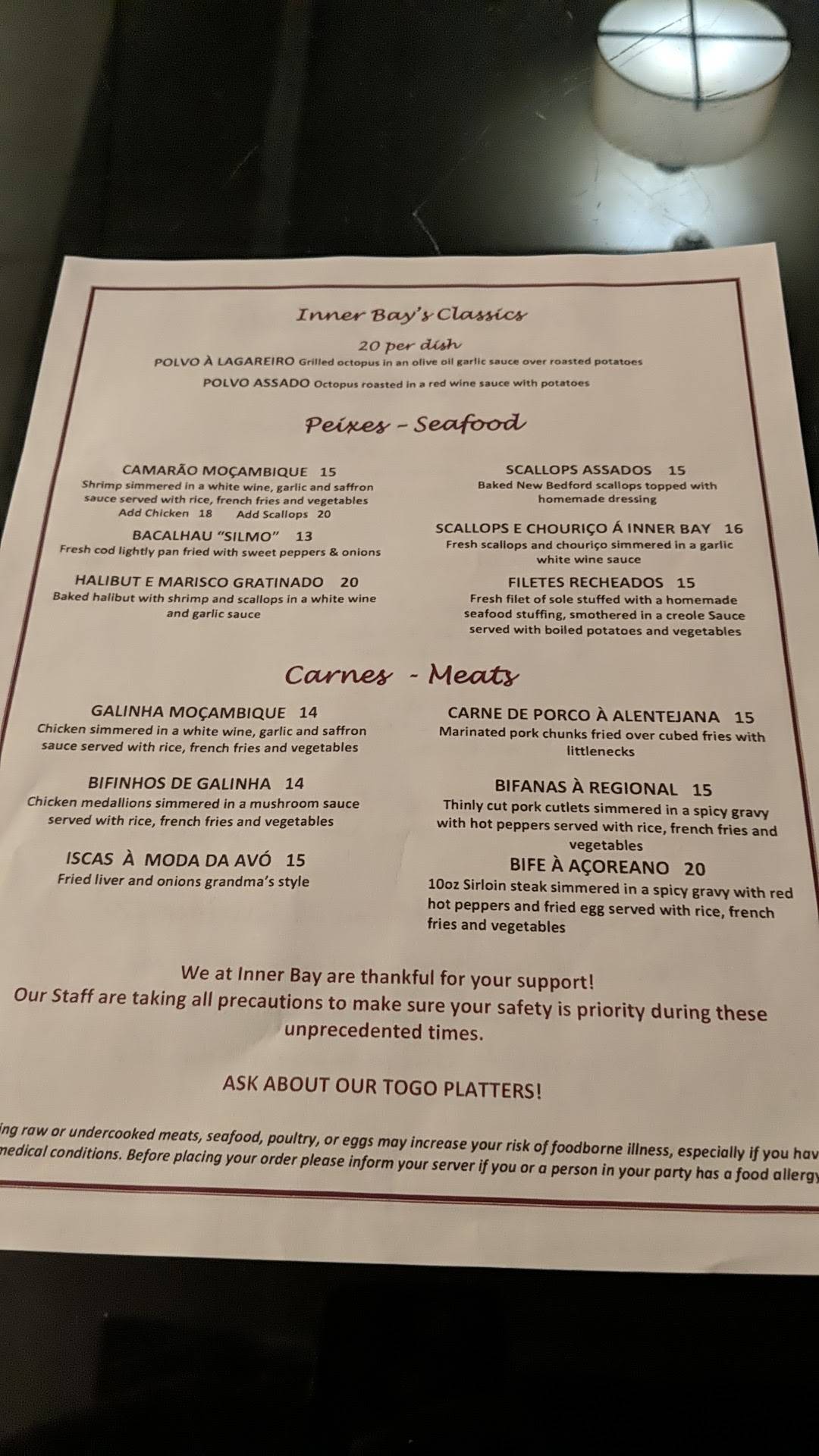Menu at Inner Bay Café restaurant, New Bedford