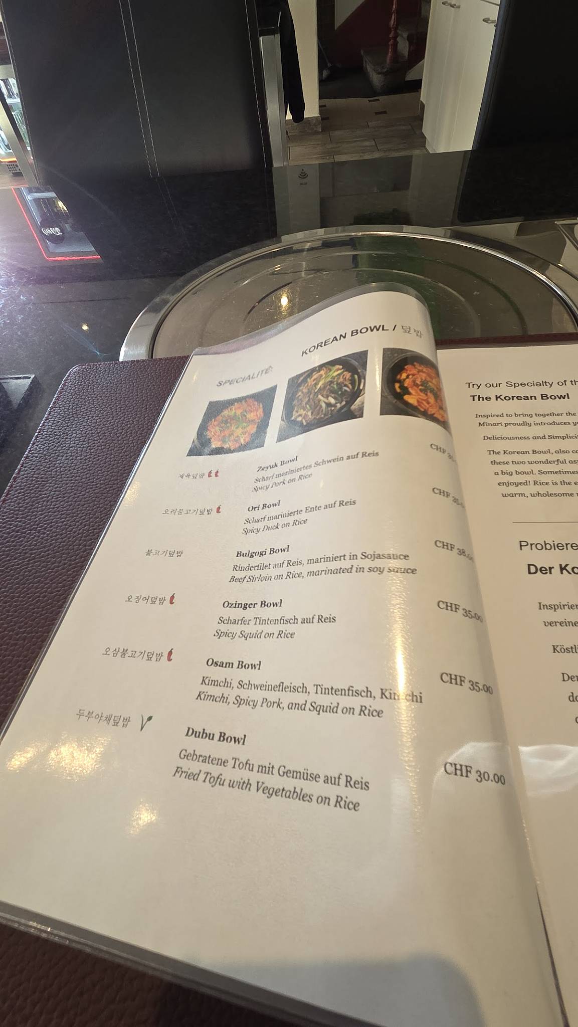 Menu at Minari Korean restaurant, Interlaken