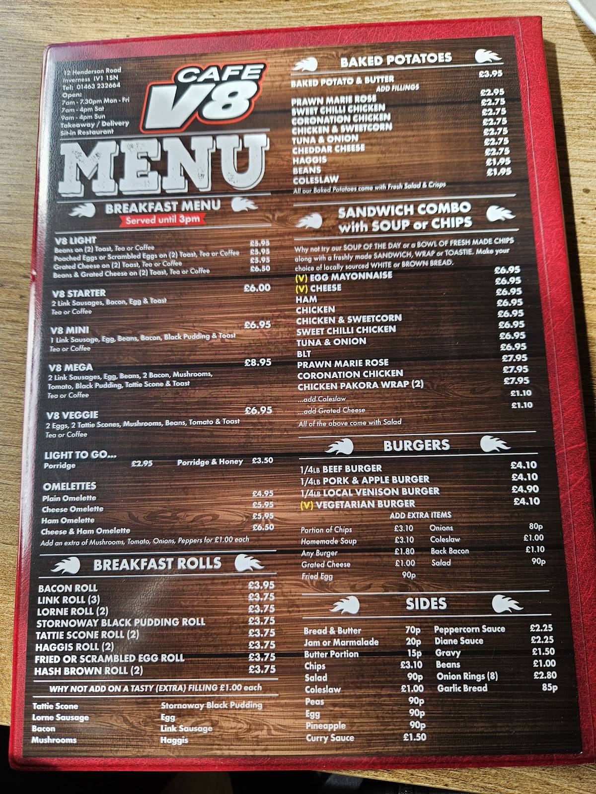 Menu at Café V8 cafe, Inverness