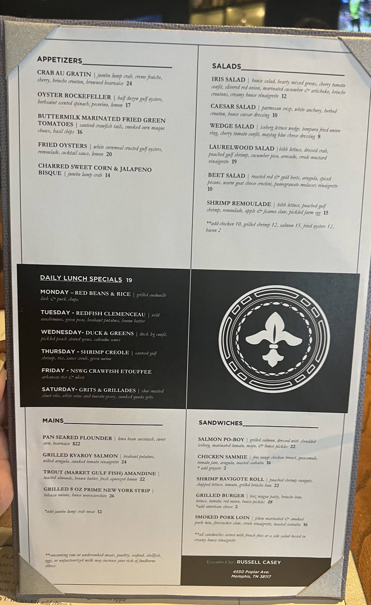 Menu at Iris restaurant, Memphis
