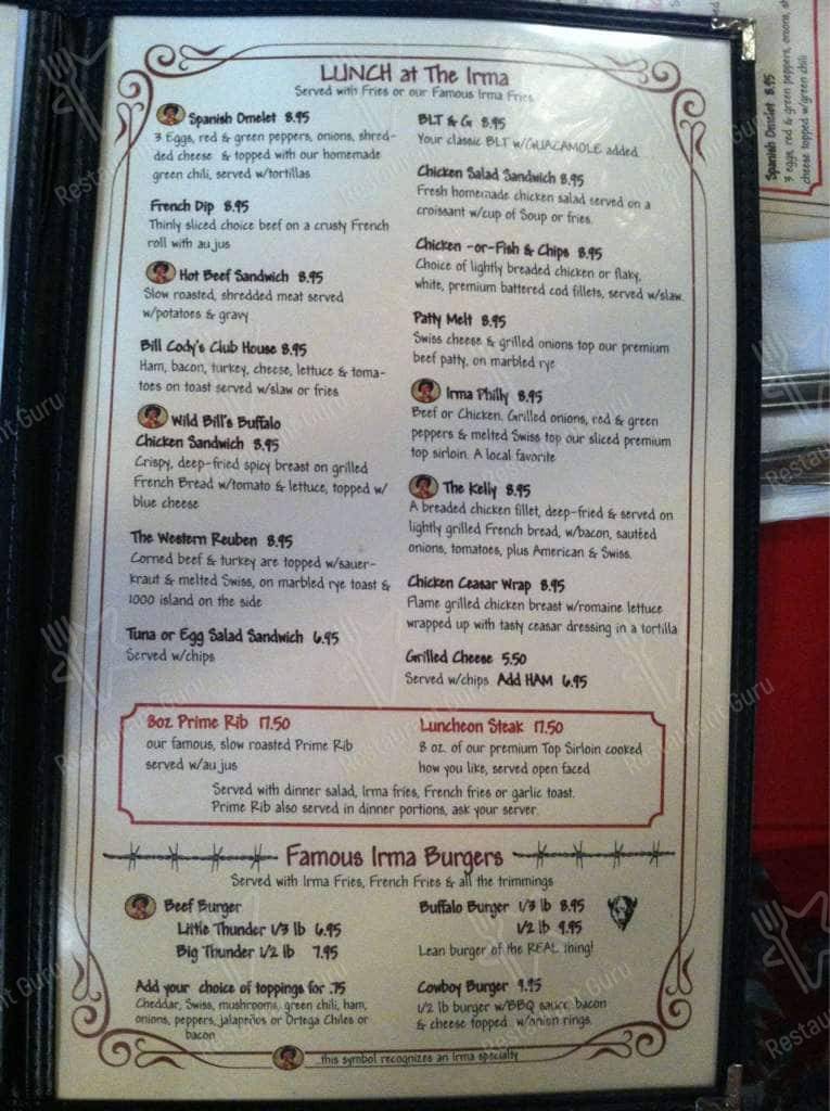 Menu at Irma Restaurant Grill, Cody