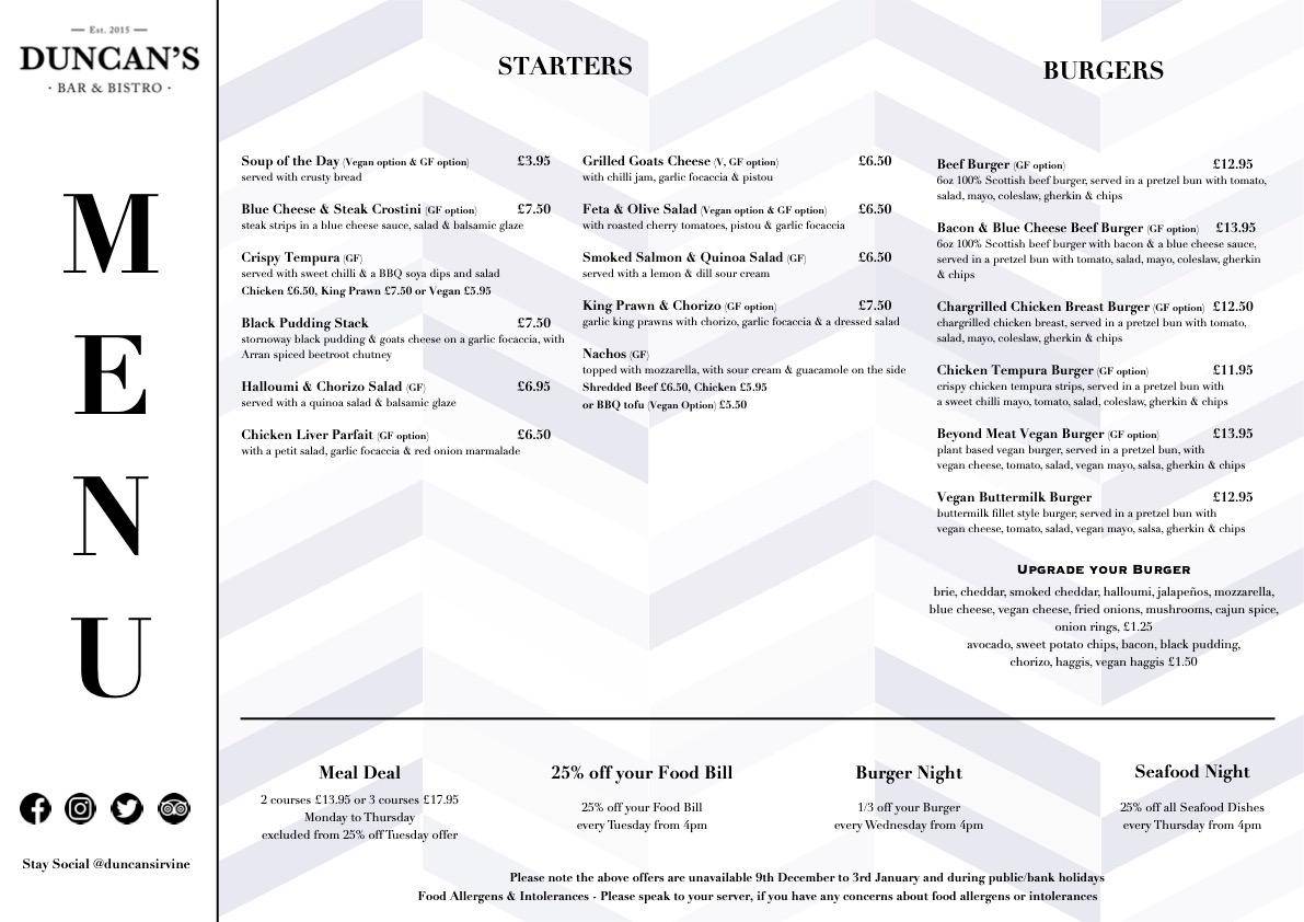 Menu at Duncan's Bar and Bistro, Irvine