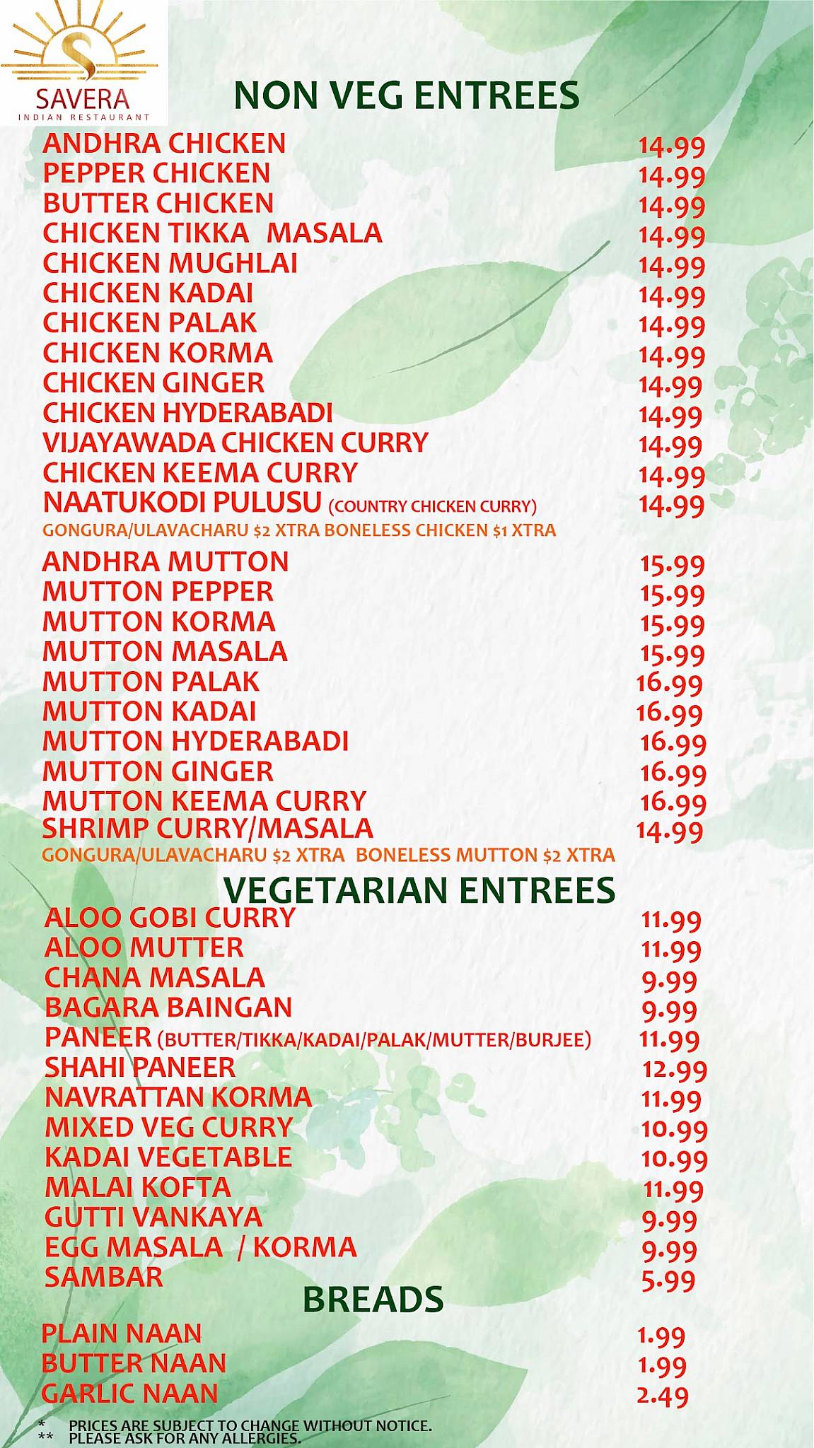 Menu at Savera Indian Kitchen restaurant, Irving