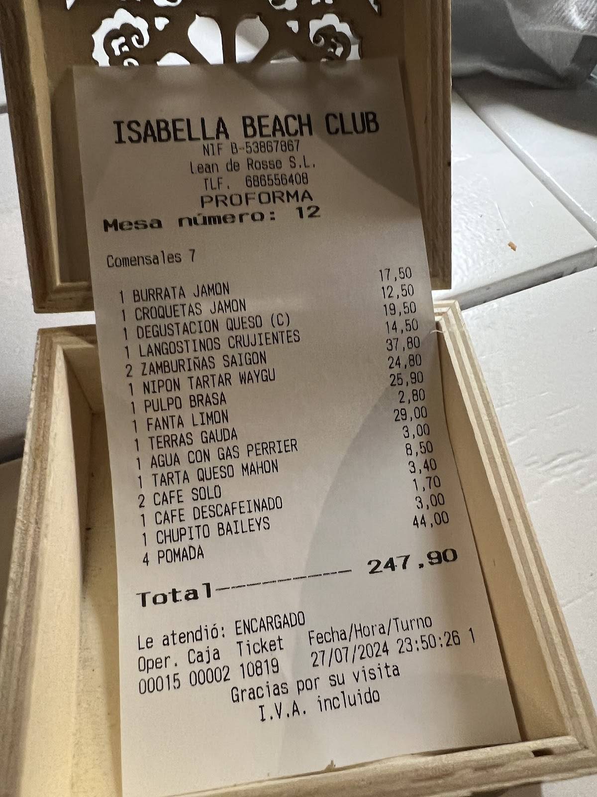 Carta de Isabella Beach Club, Fornells