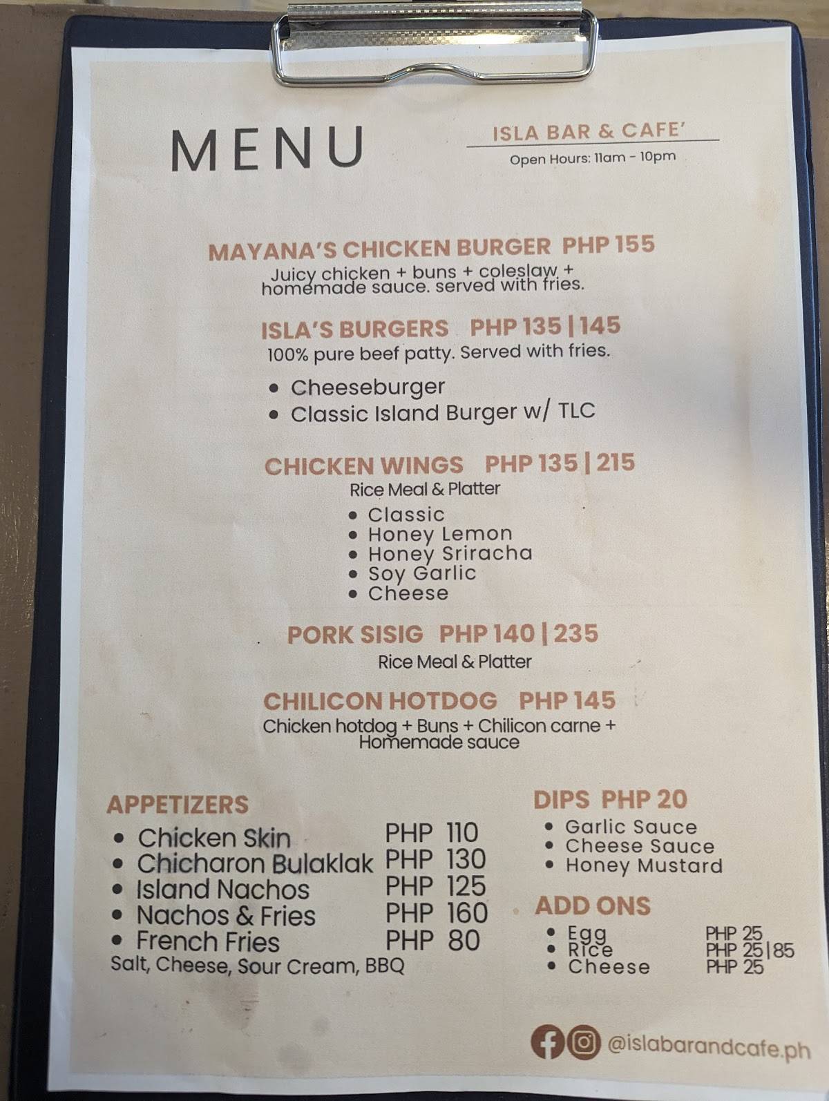 Menu at Isla Bar & Cafe’, Sagay
