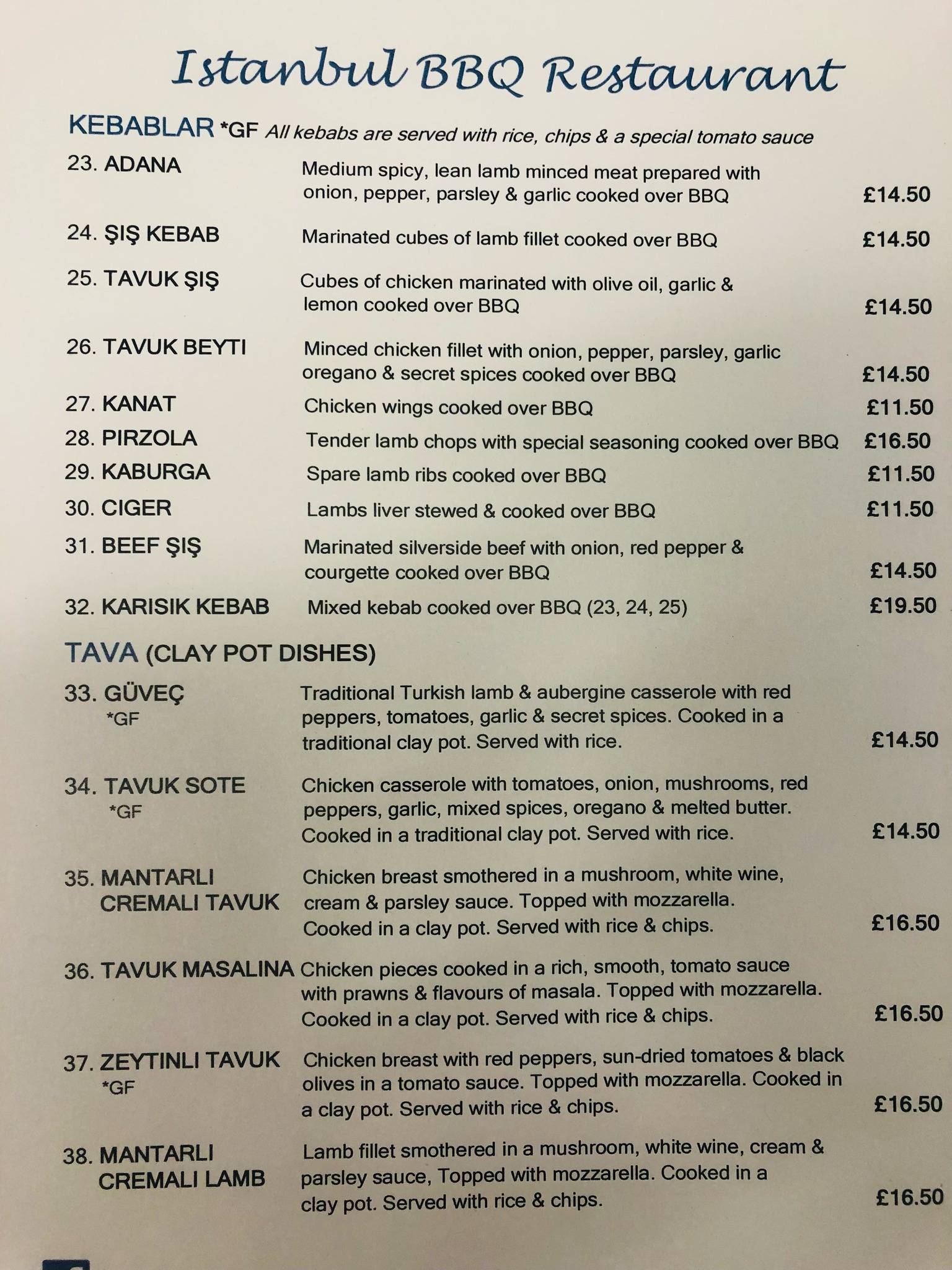 Menu at Istanbul Barbeque Restaurant, Louth
