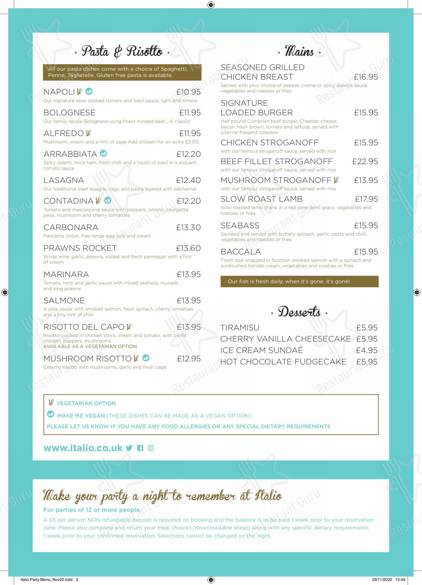 Menu at Italio pub & bar, Blackpool