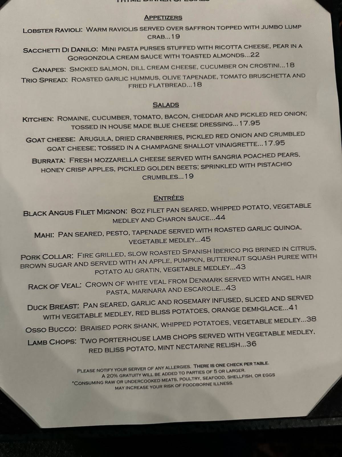 Menu at It's About Thyme restaurant, Culpeper