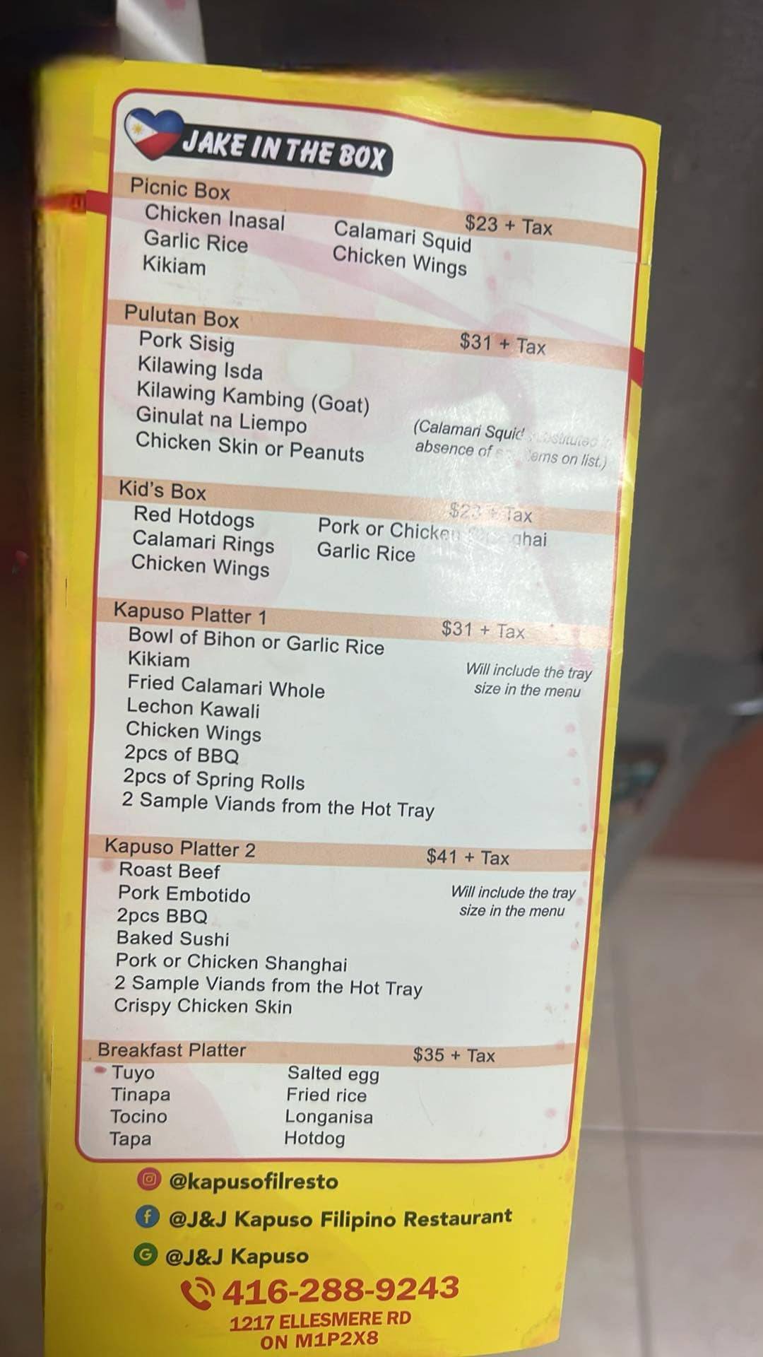 Carta de J & J Kapuso Filipino Restaurant, Toronto