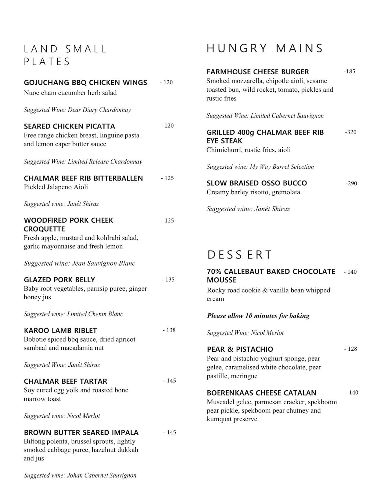 Menu at JÉAN Restaurant, Cape Town