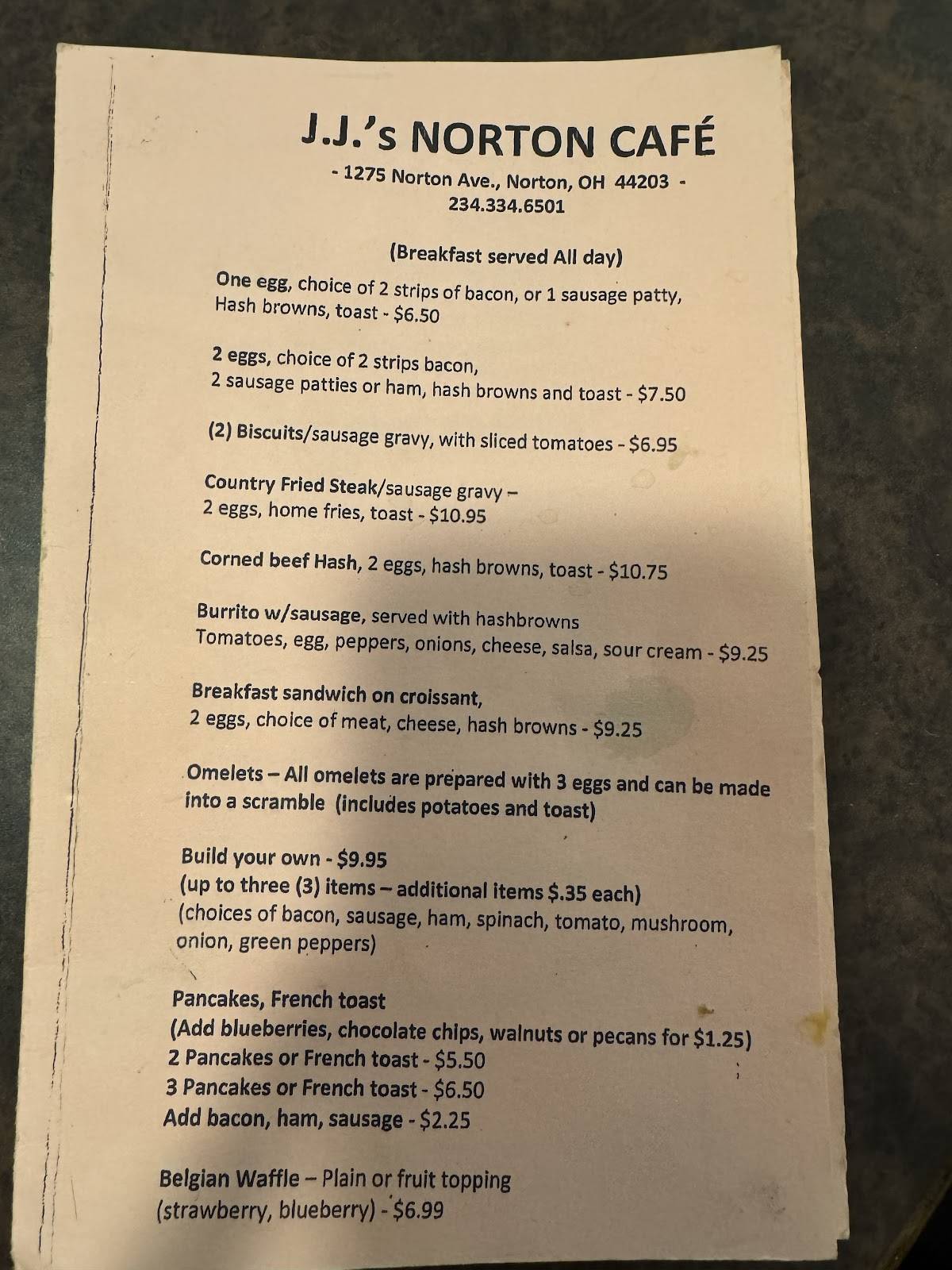 Menu at JJ's Norton Cafe, Norton