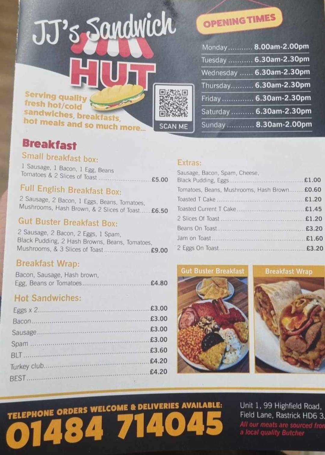 Menu at JJ's Sandwich Hut, Field Lane Rastrick restaurant, Brighouse