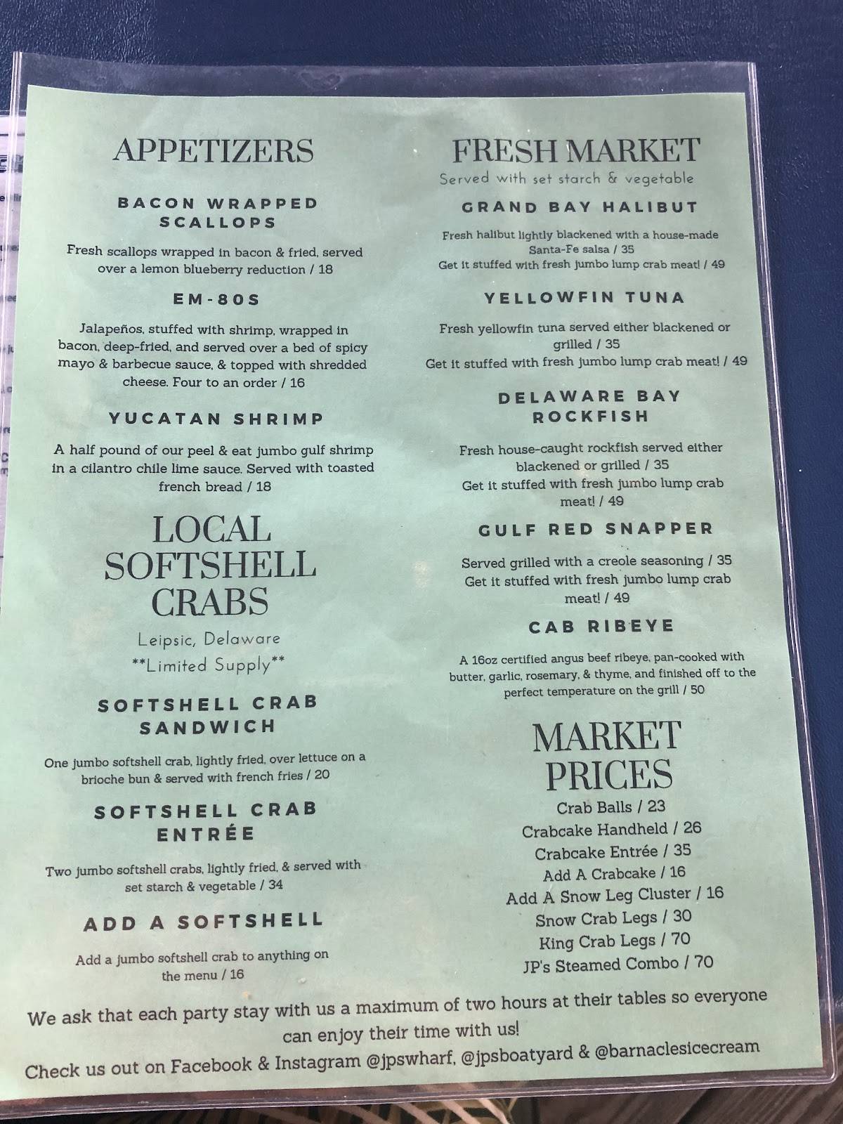 Menu at JP's on the Wharf pub & bar, Bowers