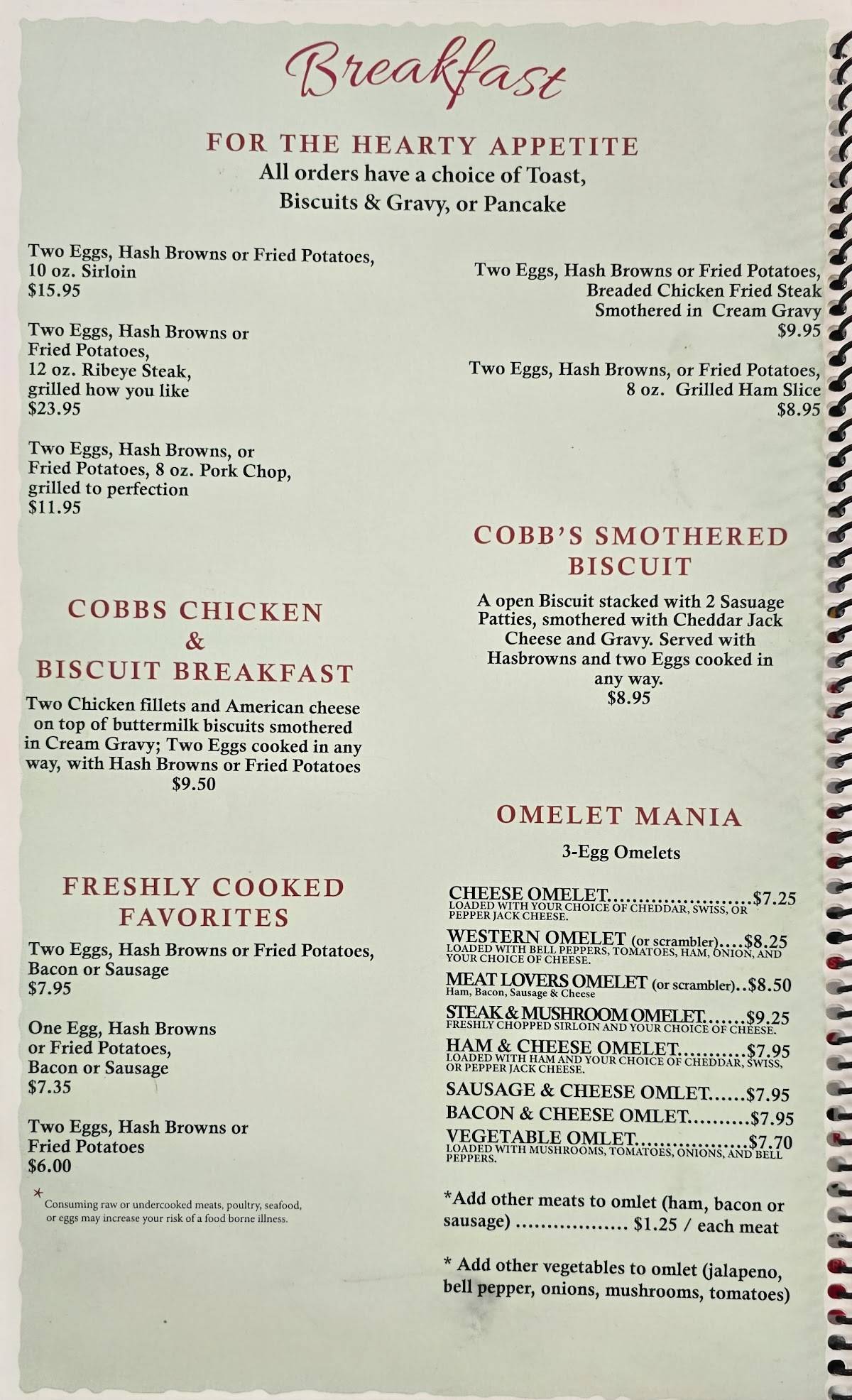 Menu at JW Cobbs restaurant, Ponca City, N 14th St
