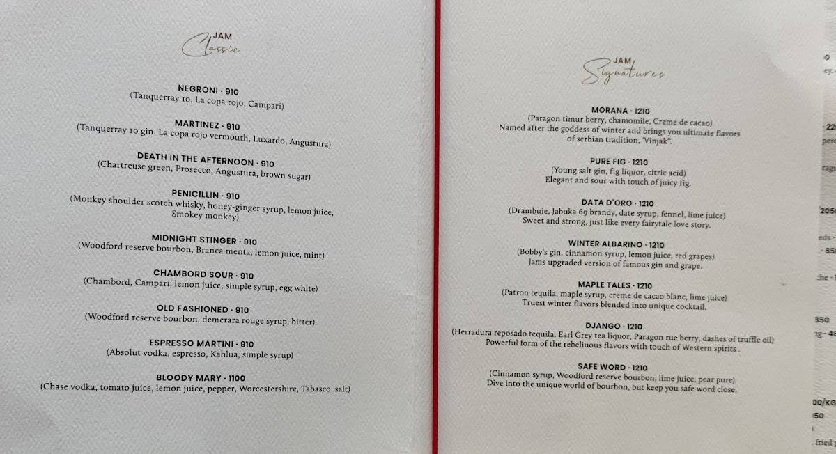 Menu at JaM restaurant, Belgrade