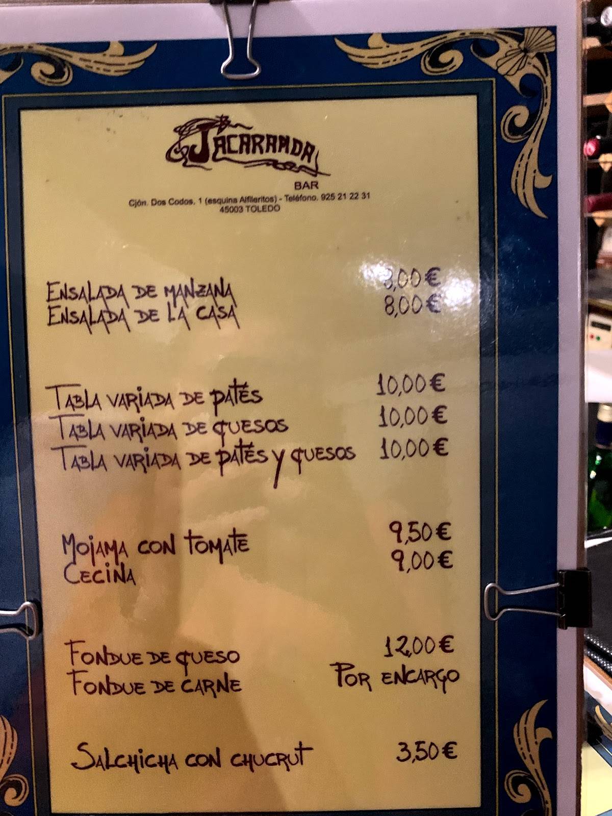 Carta de Jacaranda Bar, Toledo, Cjón. Dos Codos