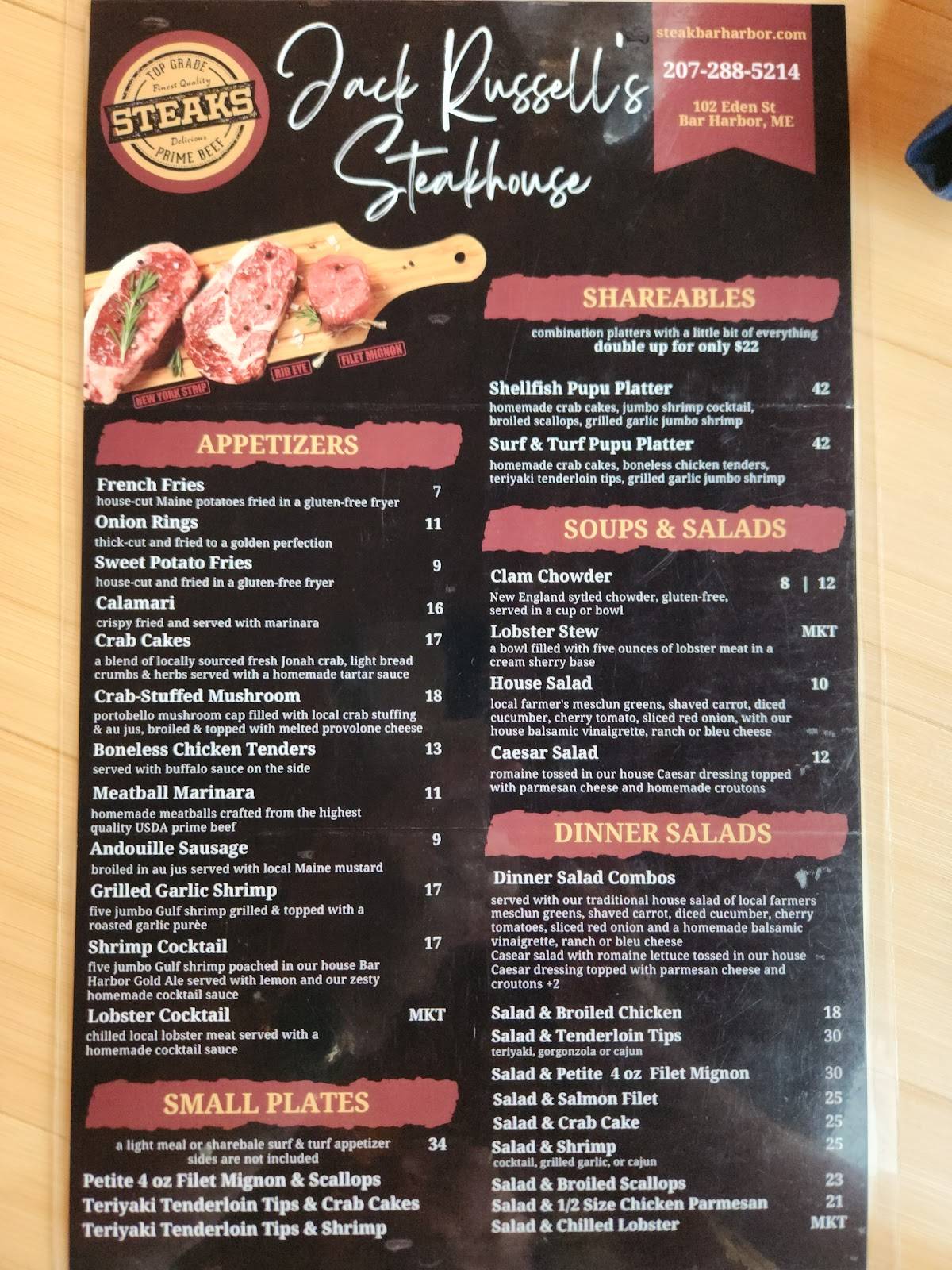Menu at Jack Russell’s Steakhouse and Brewery, Bar Harbor