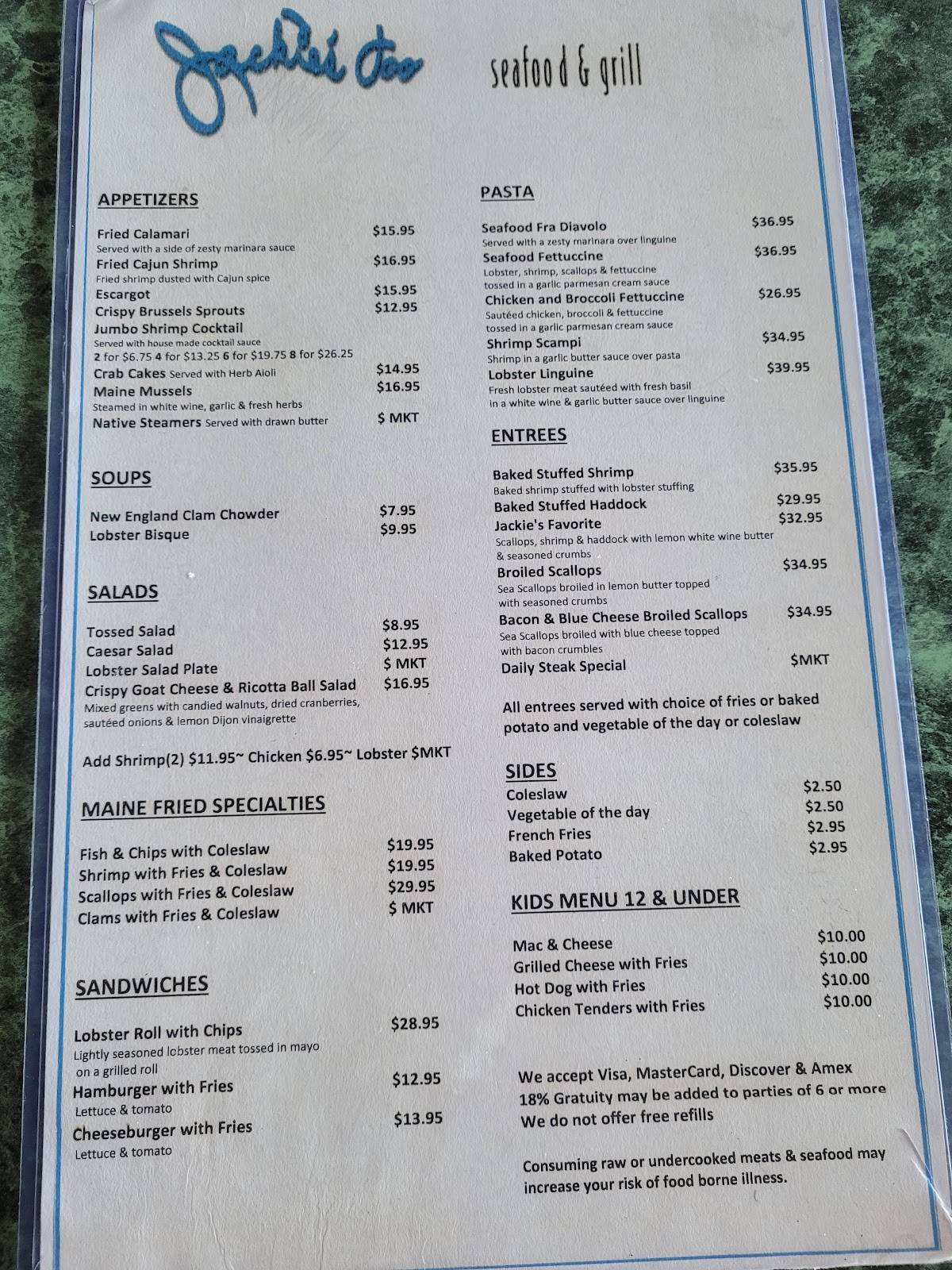 Menu at Jackie's Too pub & bar, Ogunquit, 91 Perkins Cove Rd