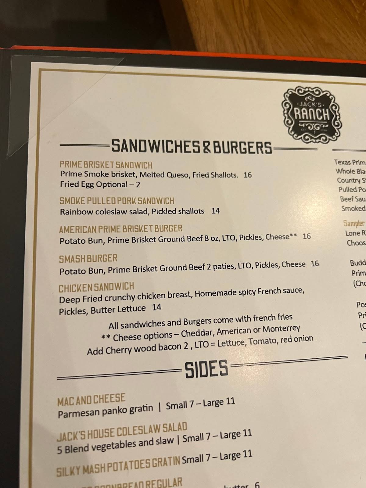 Menu at Jack's Ranch Barbecue, Tysons